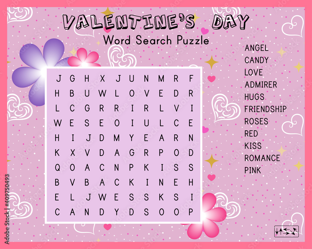 Valentine's Day word search puzzle. Educational game for kids. Holiday ...