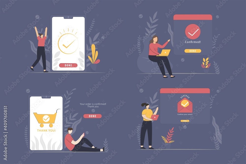 Set of Done illustration vector concept with character. approved choice ...