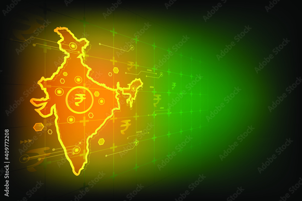 Vector India map with rupee currency and circuit board on orange green ...
