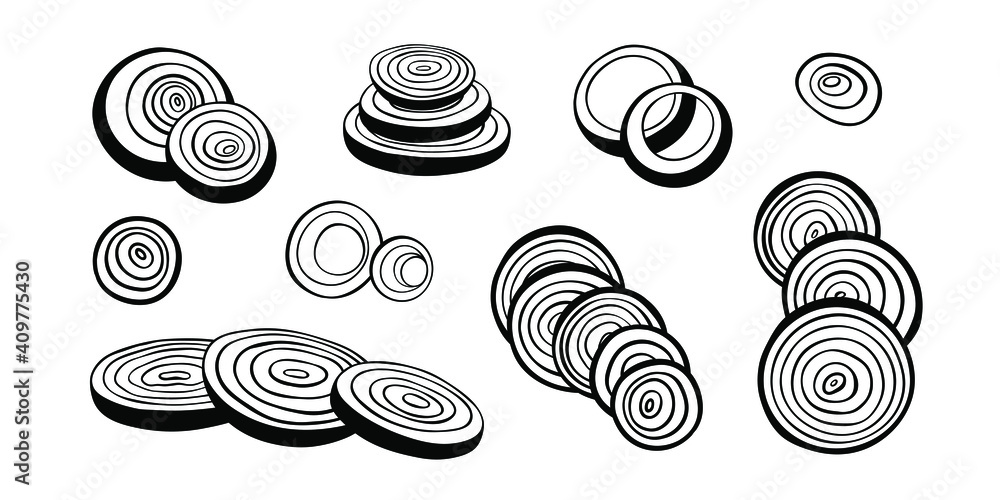 Vector set of onion slices and rings. Chopped onion isolated on white ...