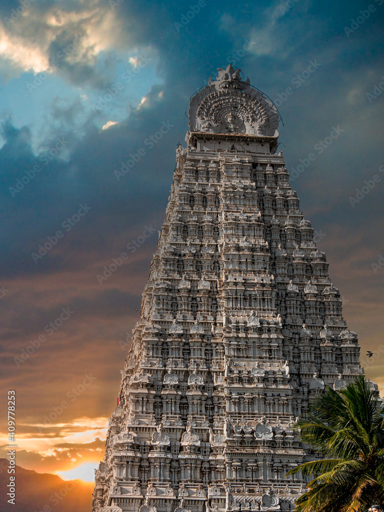 South Indian Temple tower with a beautiful and vibrant sunset Stock ...