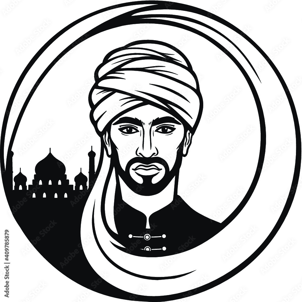 Animation portrait of the Arab man in a turban. Monochrome drawing. The ...