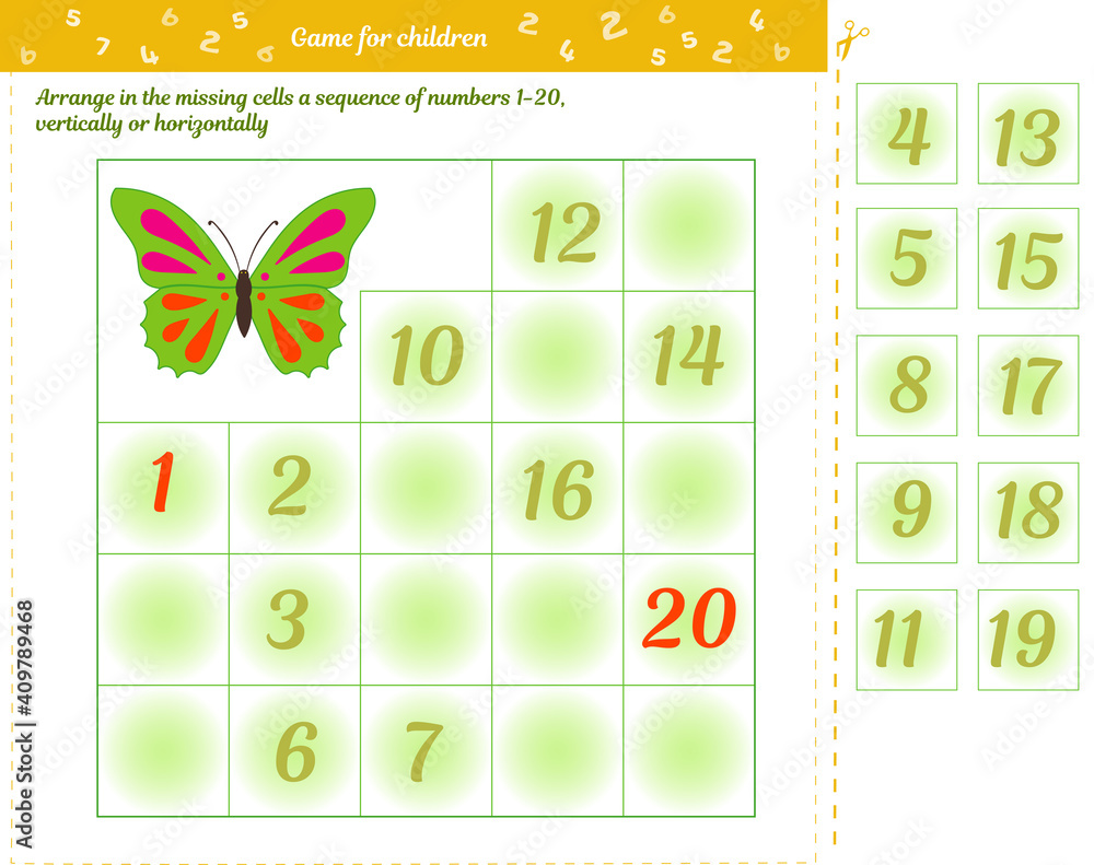 Logic game for children and adults. Place in empty cells horizontally ...