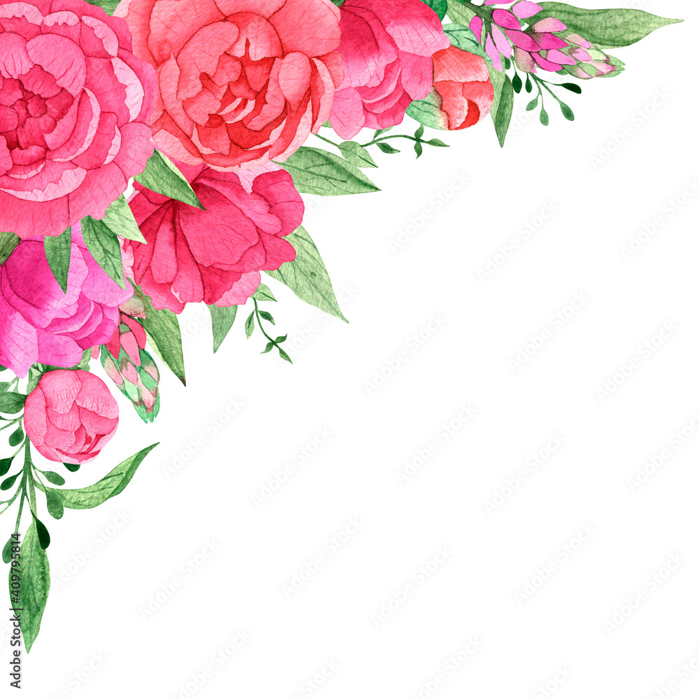 Floral border-corner of bright pink watercolor peonies and green ...