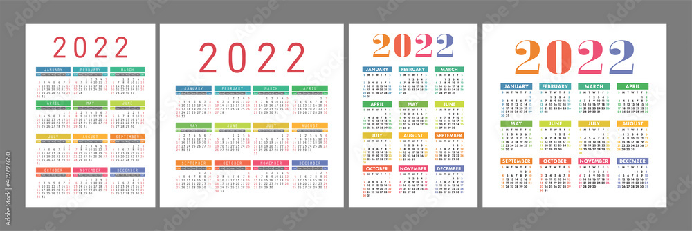 Pocket calendar 2022 year. Portrait orientation. English colorful ...