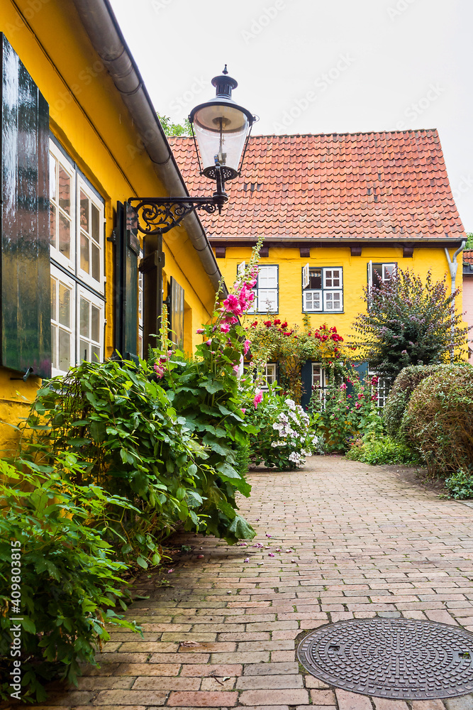 Beautiful cozy courtyard with old houses and flowers in the street of ...