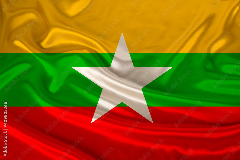 national flag of the state of Myanmar on beautiful silk, the concept of ...