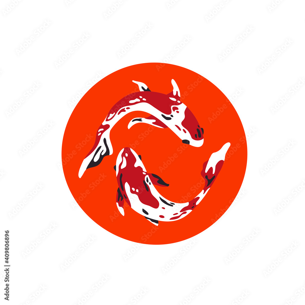 Koi fishes on Japan flag flat illustration. Carp on the red sun banner ...