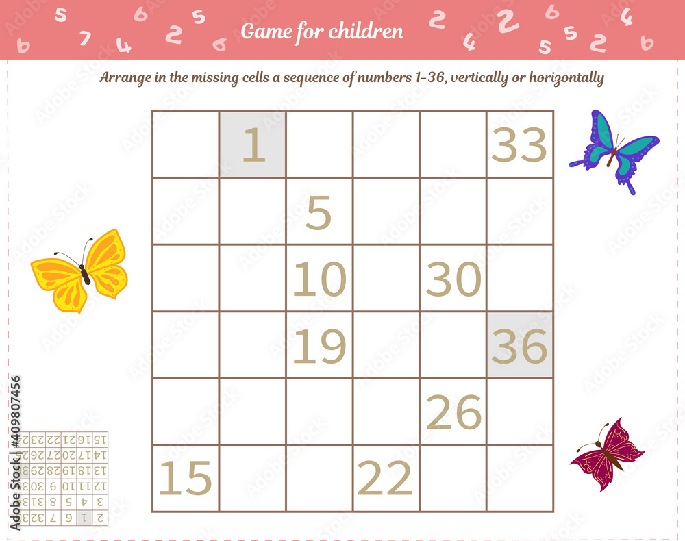 Logic game for children and adults. Place in empty cells horizontally ...