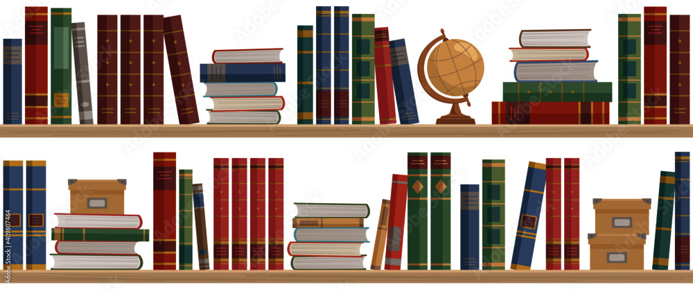 Wooden bookshelf with many books and an antique globe and cardboard ...