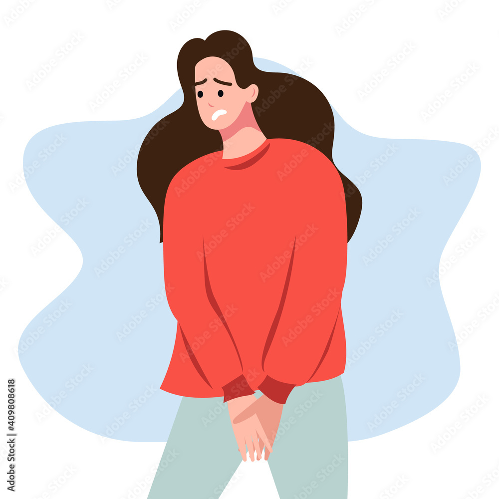 Vector Cartoon Illustration Of Shy Girl Isolated On White Background