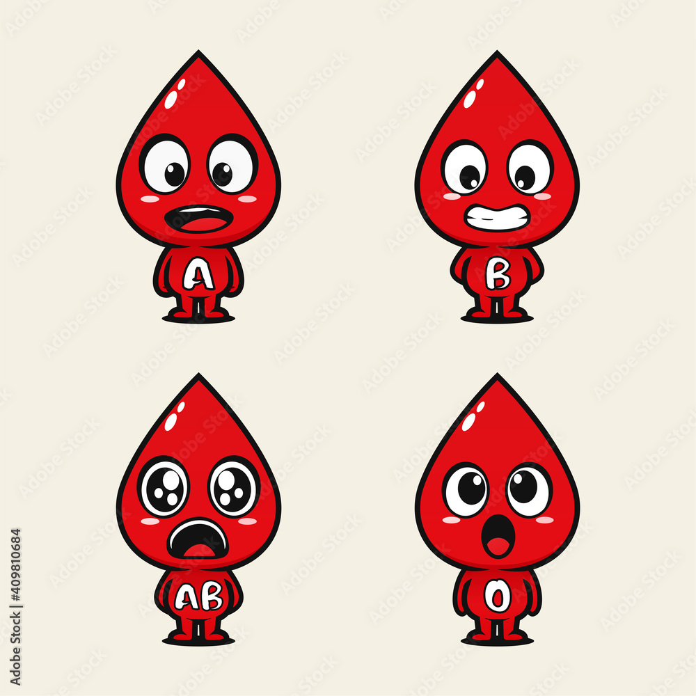 Set of cute blood types. Happy Cute healthy blood drop character. Blood ...