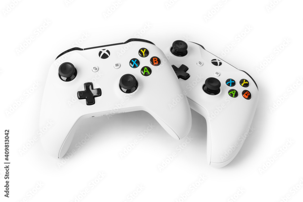 Moscow, Russia - April 18, 2019: Wireless gamepads for Xbox console ...