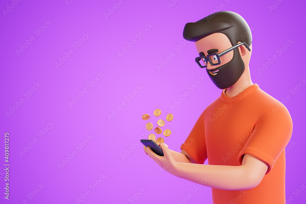 Cartoon beard character man use smartphone with bitcoins fly from ...
