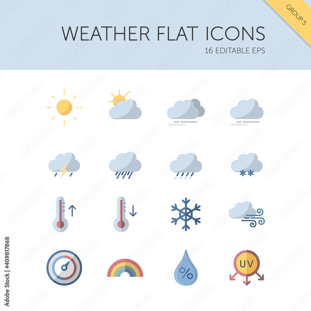 Weather and meteorology group. Sun, clouds, temperature and pressure ...