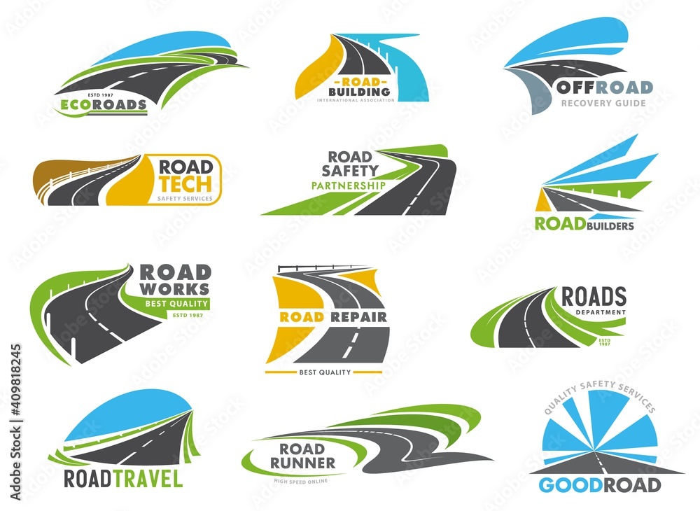Highway road, driveway and speedway icons set. Road construction ...