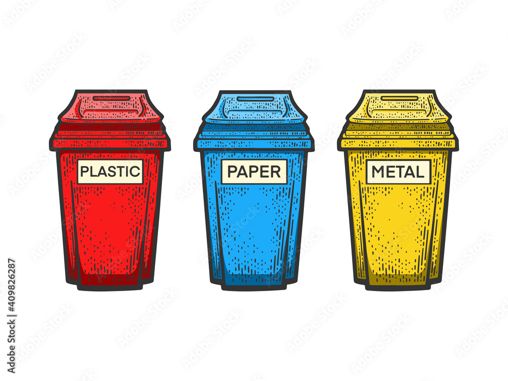 Vecteur Stock Waste sorting garbage bins trash cans color sketch ...