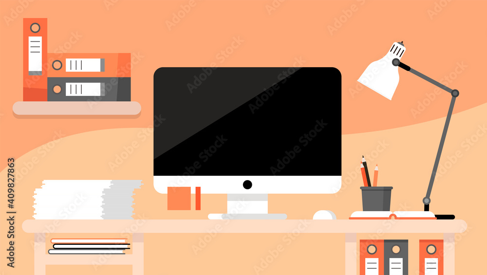 Workplace concept. Office table. Design for co working. Desktop with ...