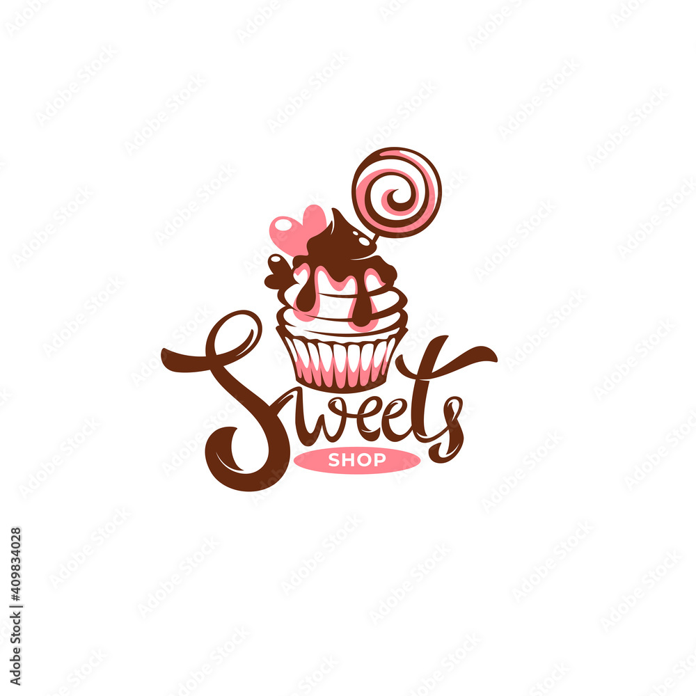 sweets shop logo with cupcake vector image and calligraphy composition ...