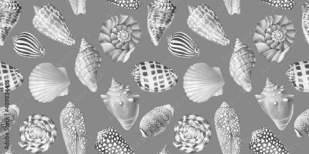 Seamless pattern with underwater life objects - gray sea shells, marine ...
