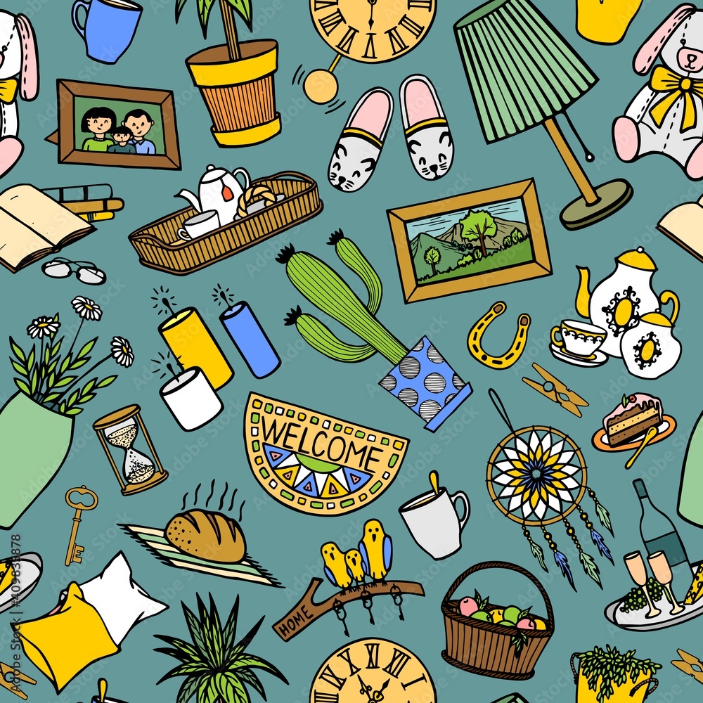 BLUE BACKGROUND WITH COLORFUL INTERIOR ITEMS Stock Vector | Adobe Stock