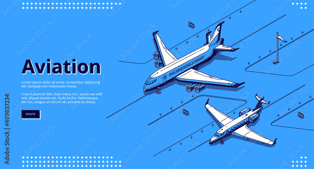 Aviation banner. Isometric white planes on runway in airport on blue ...