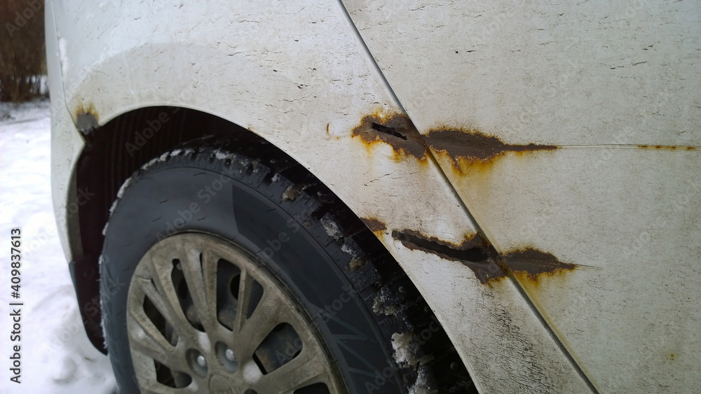 Sheet metal corrosion and scratches car body. Rusty steel surface ...