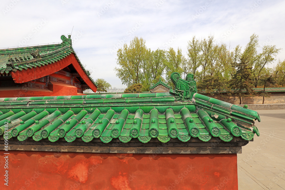 Chinese classical glazed tile architecture landscape in Ditan Park ...
