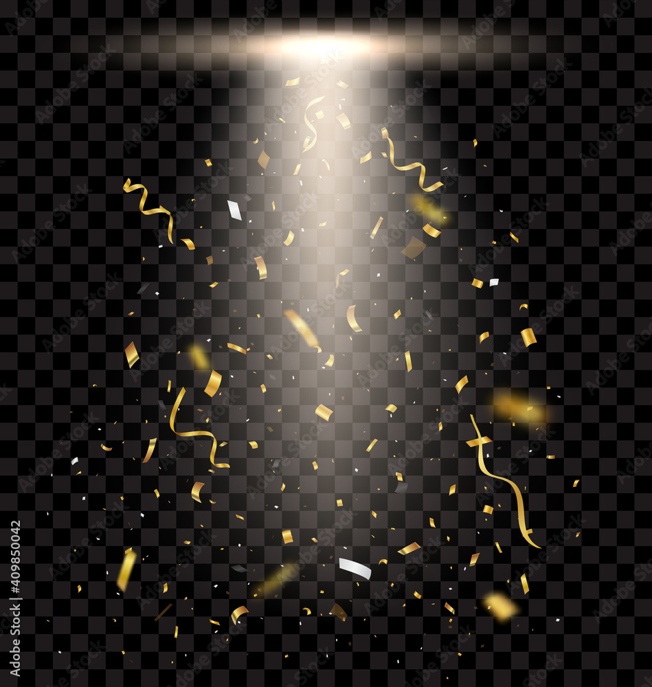 Gold Confetti celebrations design with light isolated on transparent ...