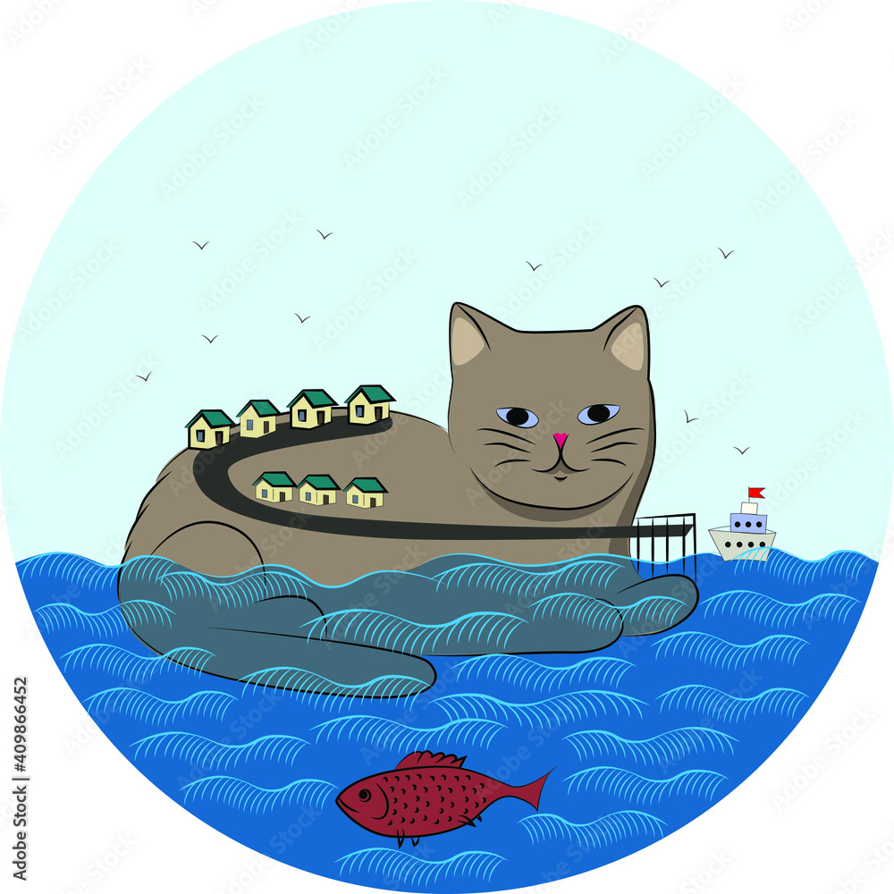 Vektorová grafika „Seascape. Cat island. Funny illustration. There is a ...