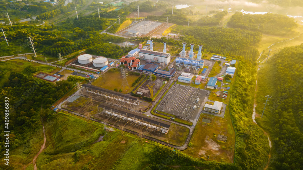 Aerial view of a Gas Turbine Power Plant Station during sunrise. Gas ...