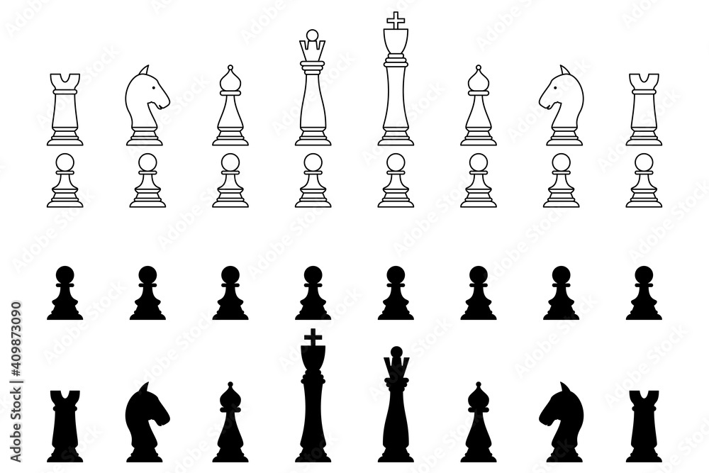 Chess pieces in outline and silhouette style. Set for a board game of ...