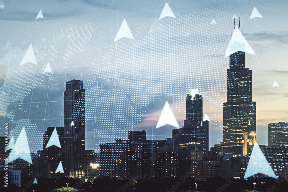Abstract virtual geolocations map hologram on Chicago skyline ...