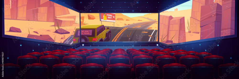 Movie theater, cinema hall with three-sided panoramic screen and rows ...