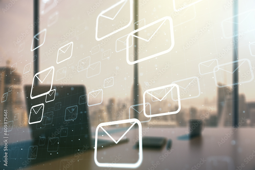 Creative abstract postal envelopes sketch and modern desk with computer ...