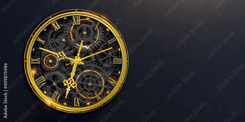 Golden black old clock close up at front view on dark background with ...