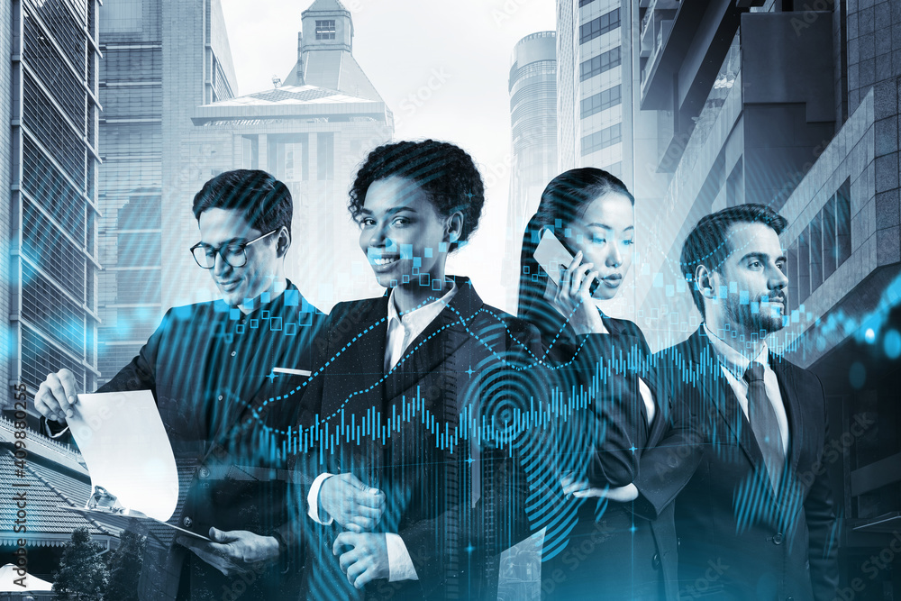 Group of business colleagues working on new venture capital and hi-tech ...