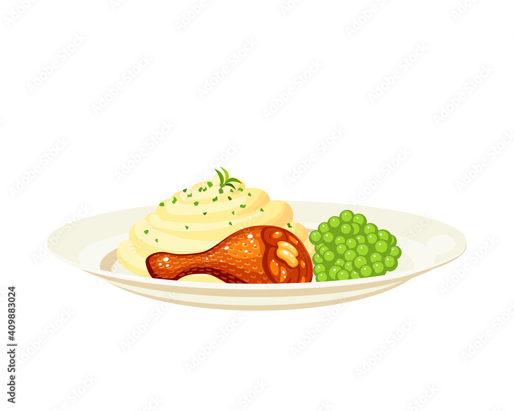 Plate of mashed potatoes with fried chicken drumstick and green peas ...