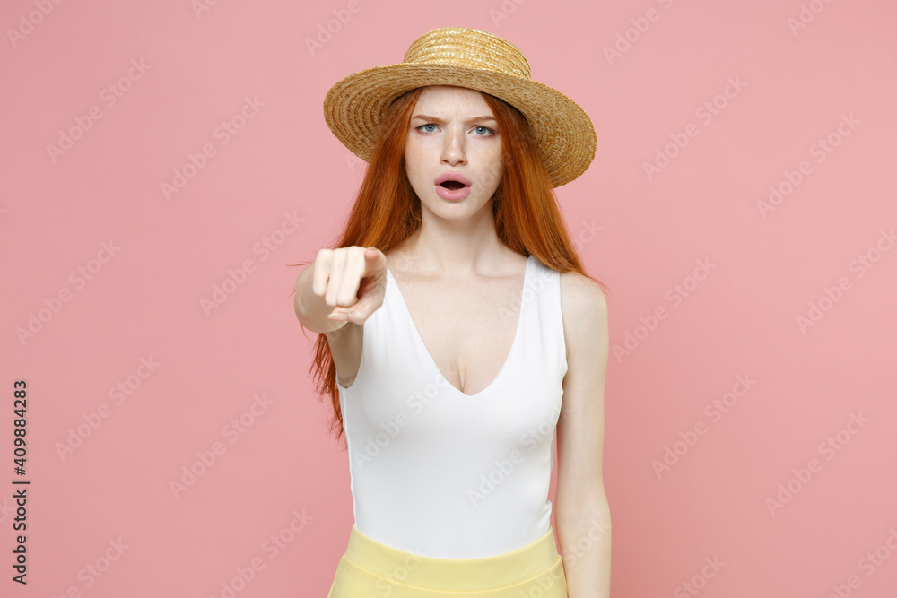 Young serious strict nice redhead woman 20s ginger long hair wearing ...