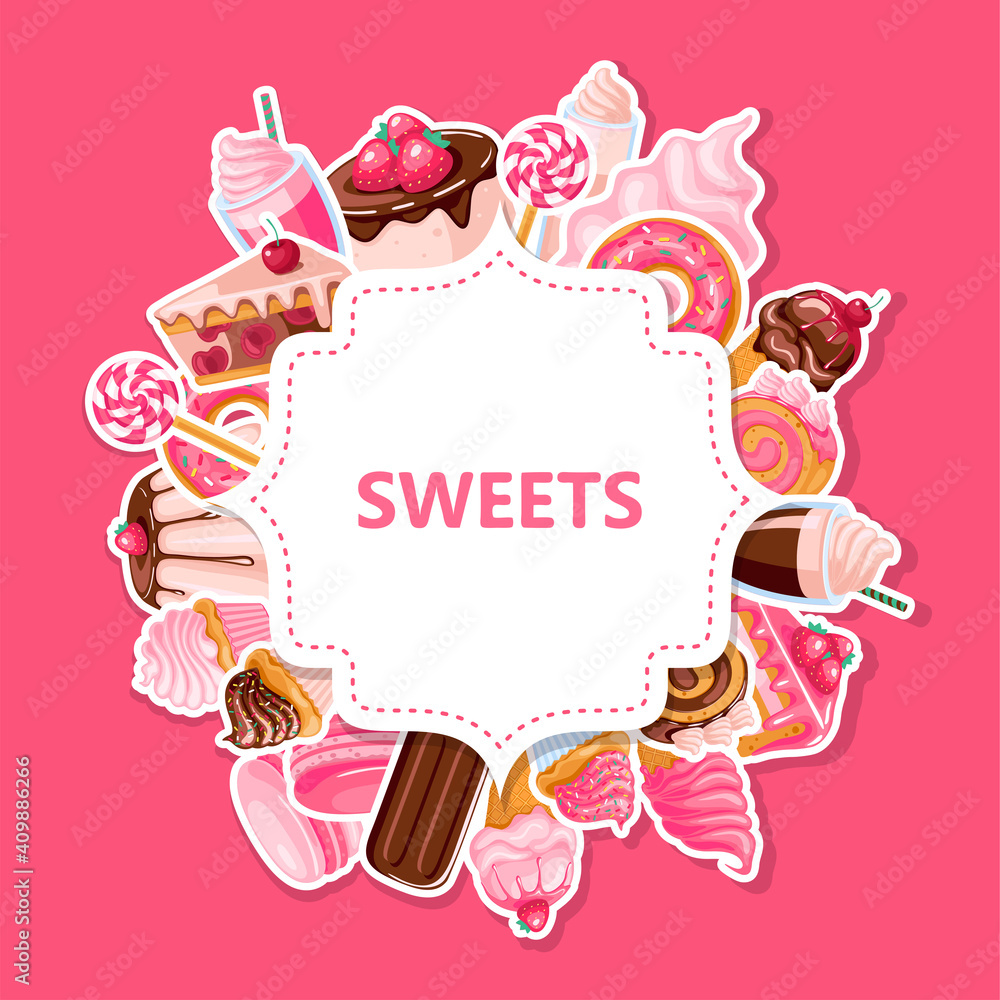 Sweet shop banner with sweets on the pink background. Cute cartoon food ...