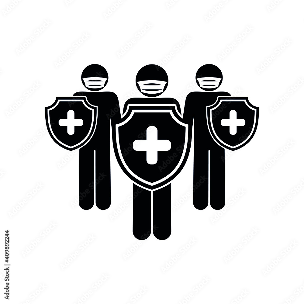 masked people holding shields, virus protection, medical safety icon ...