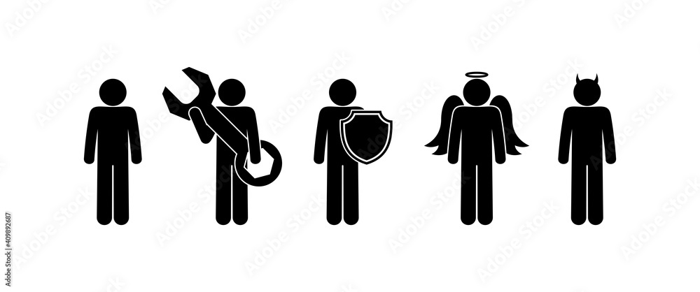 repair symbols set, stick figure man icons, isolated pictograms of ...
