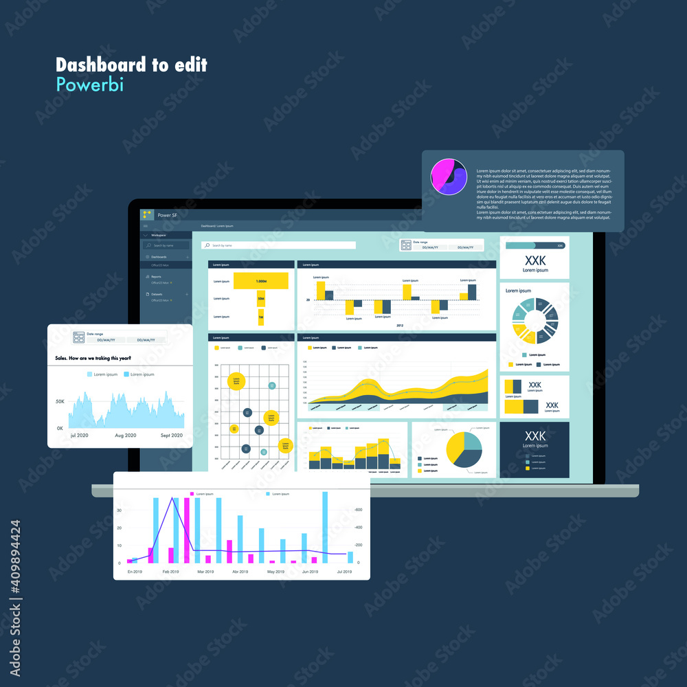 Dashboard application. Power bi. Graphs and charts. EPS10 Stock Vector ...