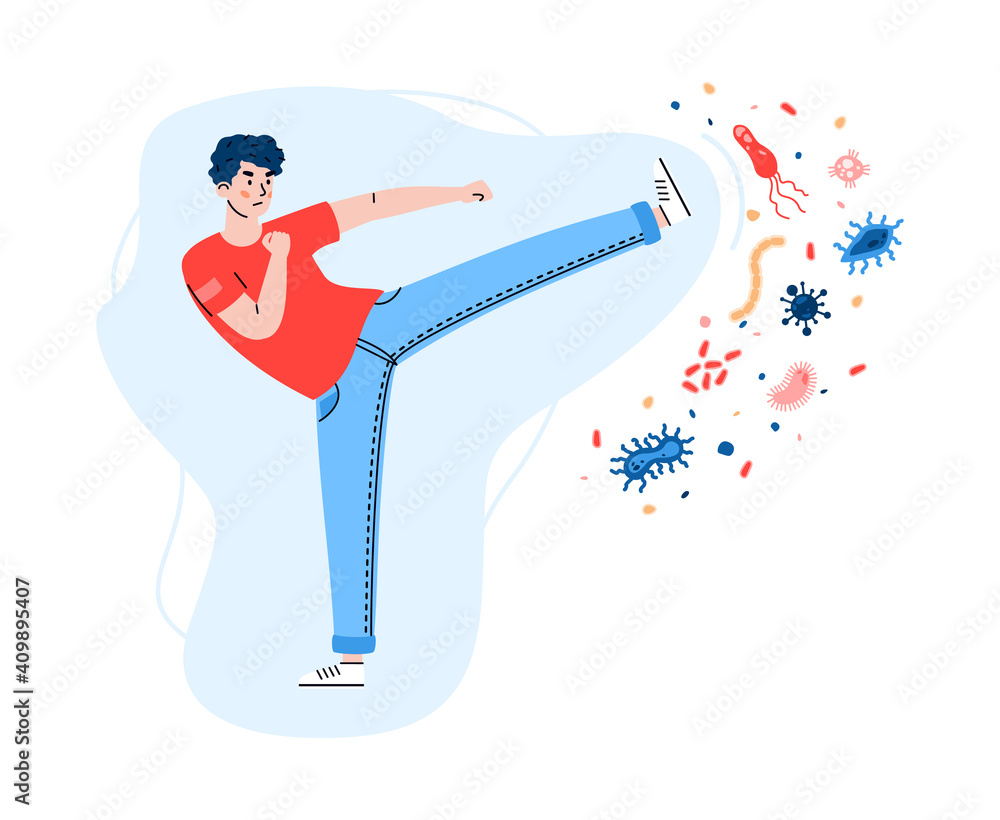 Young man fights virus and bacteria, cartoon flat vector illustration ...