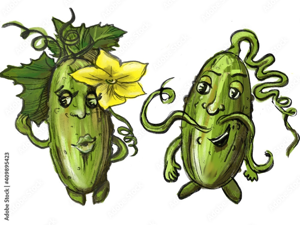Cucumber cartoon character illustration. Couple of cute comic ...