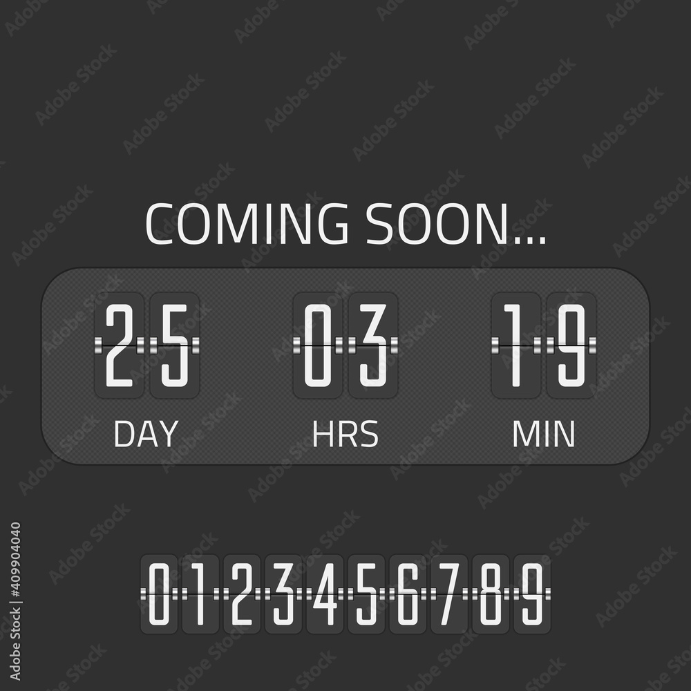 Flip Coming Soon illustration, countdown timer template. Opening soon for website template. Days ...