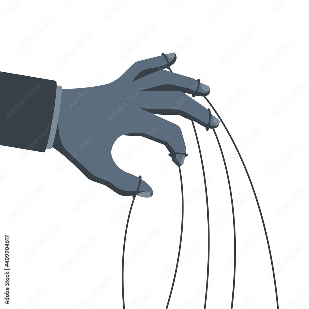 Manipulation concept. Manipulator's hand with ropes in gray. Abuse of ...