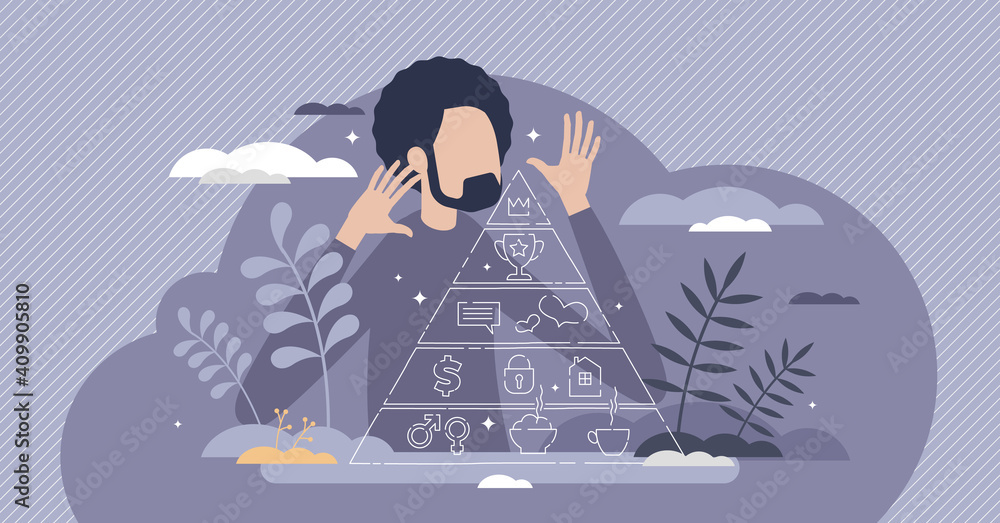 Maslow pyramid with hierarchy system of human needs tiny persons ...
