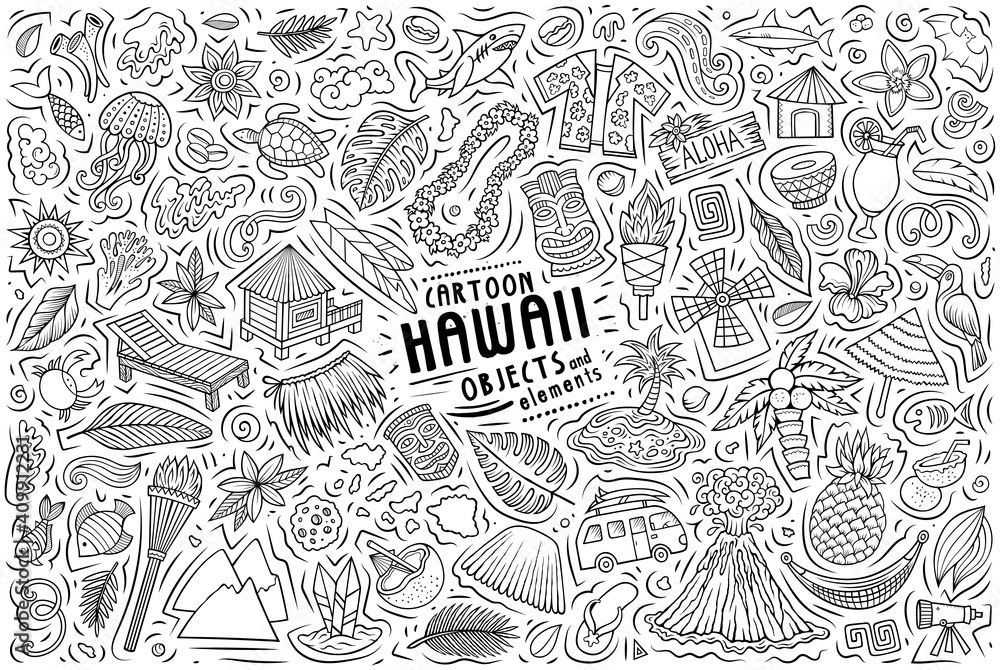 Vector doodle cartoon set of Hawaii objects and symbols Stock Vector ...