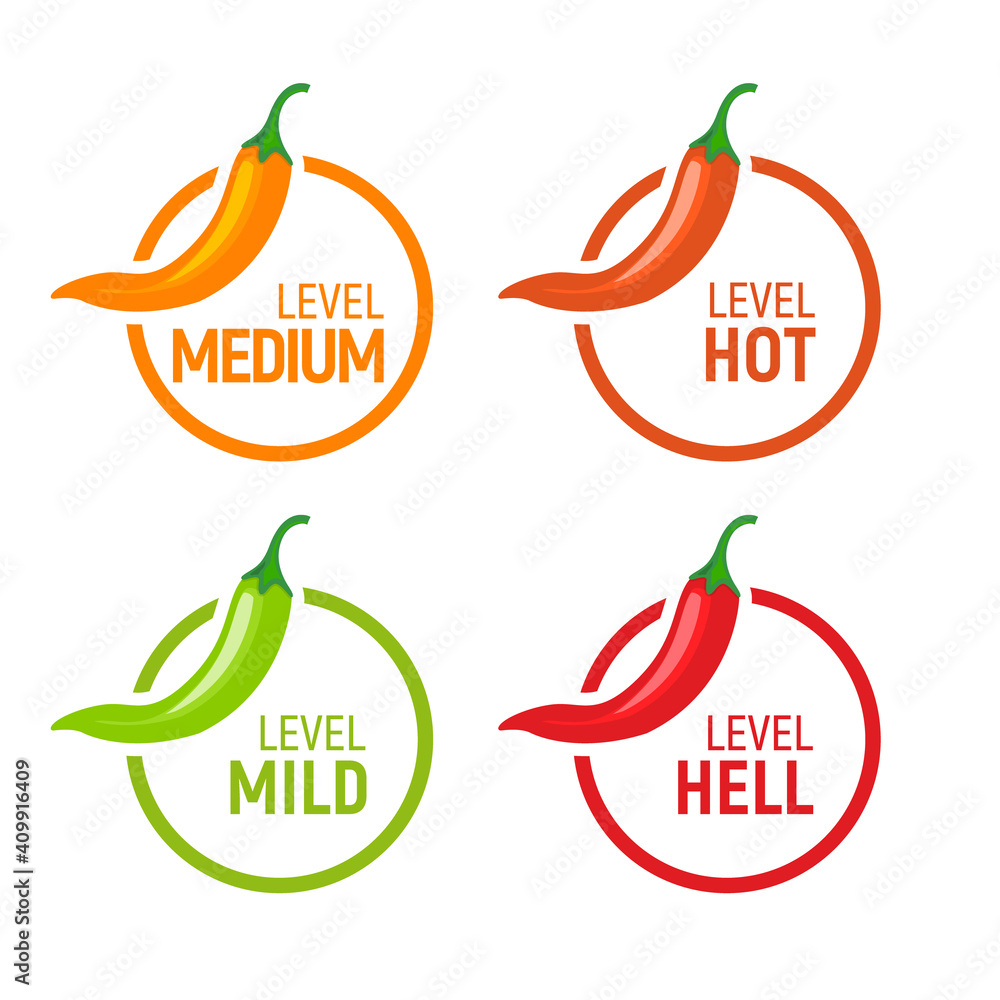 Hot pepper spicy heat level icon. Chili pepper symbol vector scale ...